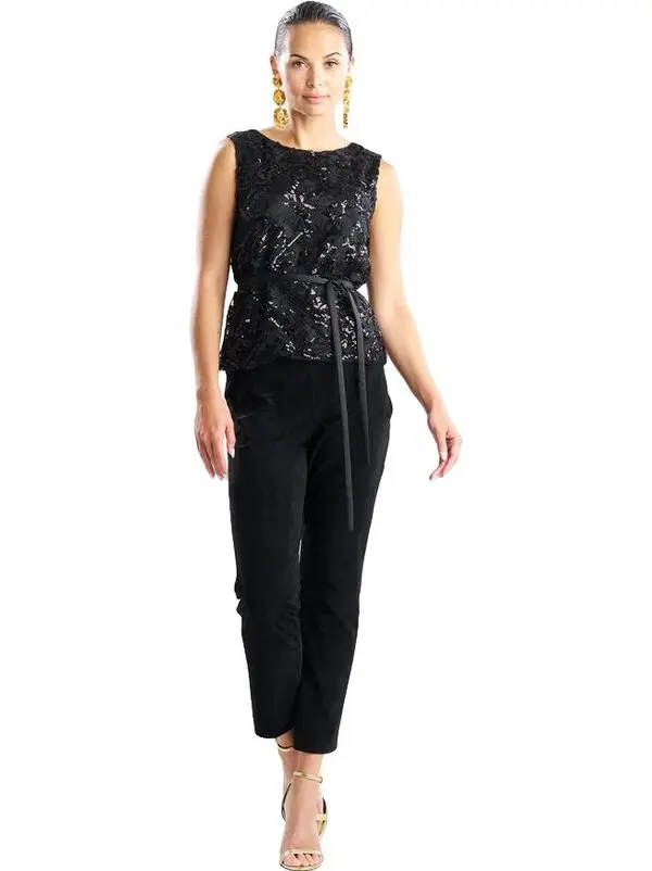 Natori Floral Sequin Lace Belted Sleeveless Top - Black