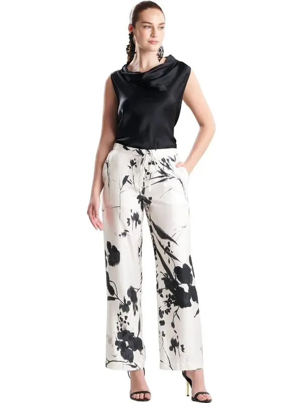 Natori Nara Silk Twill Drawstring Pants - Gray / Black / White