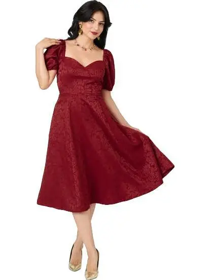 Unique Vintage Jacquard Sweetheart Swing Dress - Burgundy