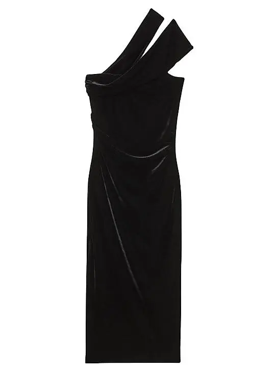 REISS One-shoulder Slim-fit Stretch-velvet Midi Dress - Black