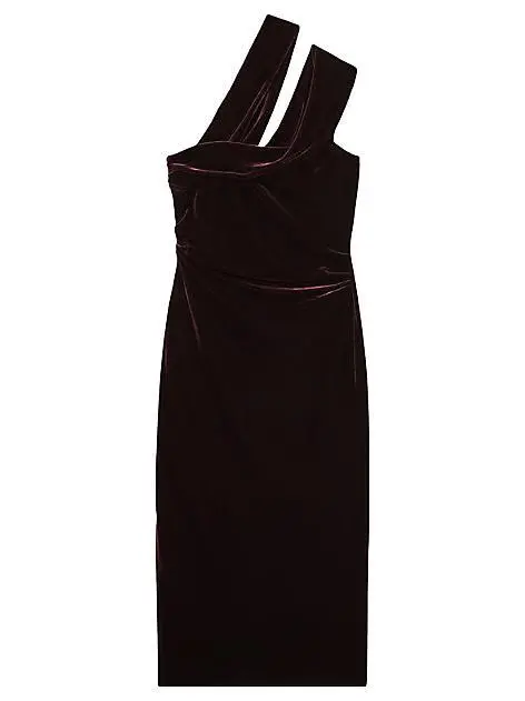 REISS One-shoulder Slim-fit Stretch-velvet Midi Dress - Burgundy