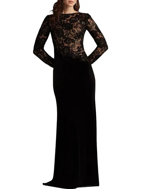 Tadashi Shoji Embroidered Bodice Long Sleeve Gown - Black/beige