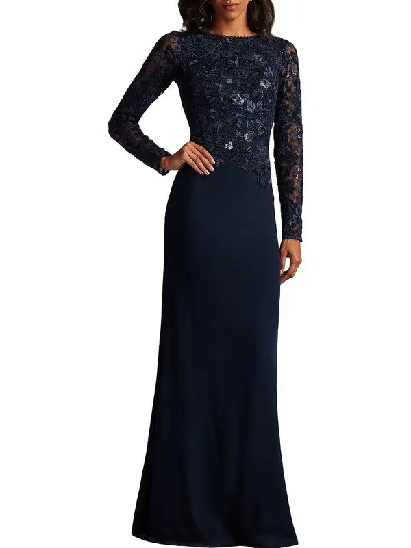 Tadashi Shoji Embroidered Bodice Long Sleeve Gown - Navy/navy