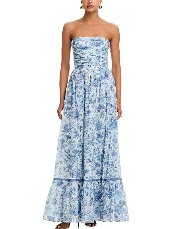 V. CHAPMAN Regina Floral Print Strapless Maxi Dress - Blue Toille
