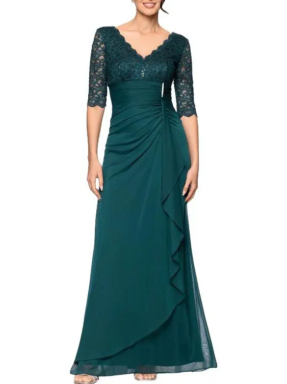 Betsy & Adam Sequin & Lace Bodice A-line Dress - Pine