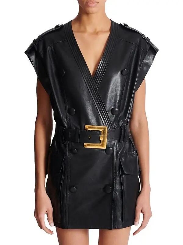 Balmain Lambskin Leather Belted Short Dress - Black
