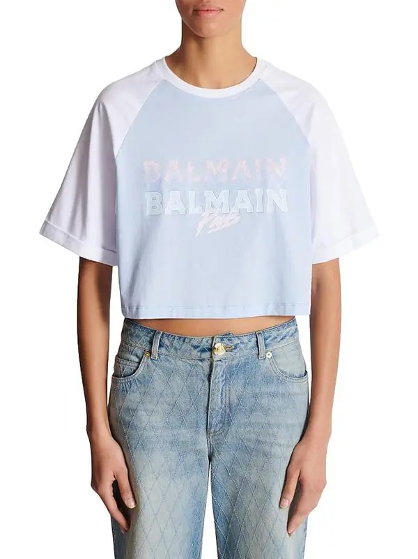 Balmain Cropped T-shirt With Paris Print - Blue