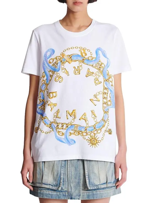 Balmain T-shirt With Paris Chain Print - White