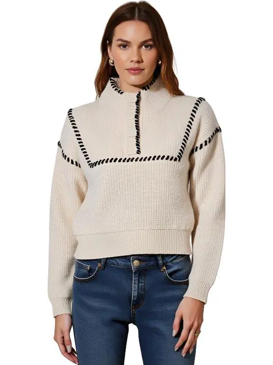 MODENAIRE Cropped Sweater With Whipstitch Detail - Cream