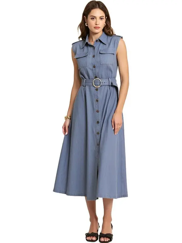 MODENAIRE Belted A-line Midi Dress With Button Details - Blue