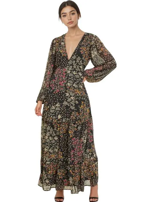 KNIT & LOUNGE Long Sleeve Maxi Dress With Deep V-neckline - Floral Print