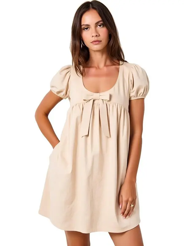 MODENAIRE Puff Sleeve Mini Dress With Bow - Beige