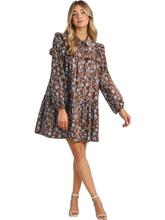 KNIT & LOUNGE Floral Ruffle Tiered Mini Dress - Brown/blue Floral