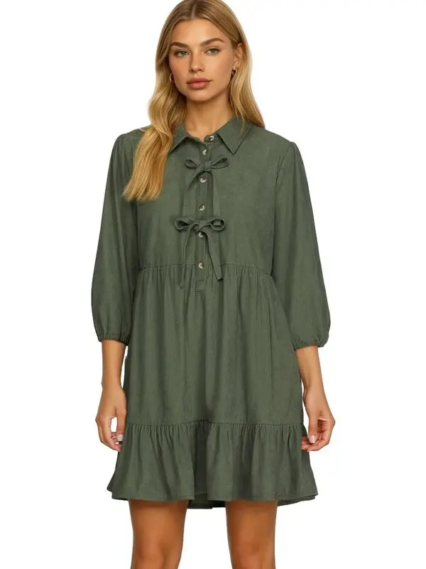 KNIT & LOUNGE Bow Front Corduroy Mini Dress - Green