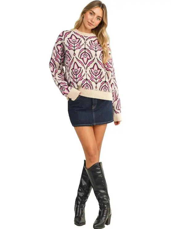 KNIT & LOUNGE Floral Jacquard Crewneck Sweater - Pink Floral