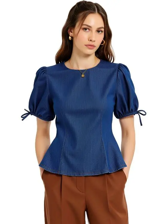 MODENAIRE Denim Puff Sleeve Top - Blue