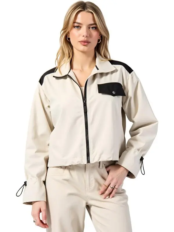 MODENAIRE Cropped Zip-up Jacket With Contrast Pockets - Beige