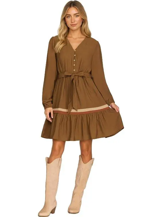 KNIT & LOUNGE Long Sleeve Button Front Mini Dress - Brown