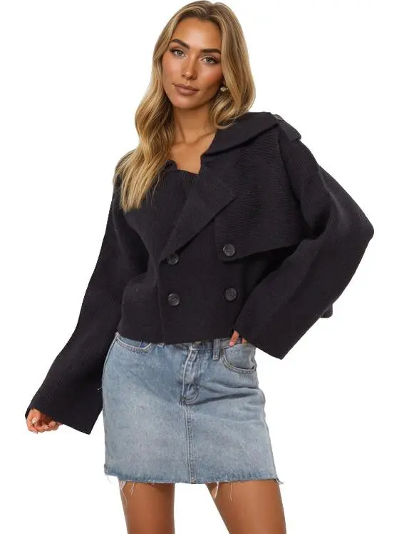 KNIT & LOUNGE Double-breasted Cropped Knit Jacket - Black