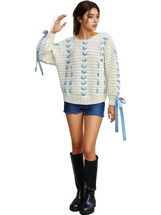 KNIT & LOUNGE Ribbon Tie Crochet Sweater - Ivory/blue Ribbon