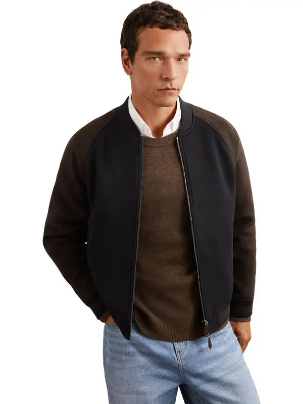 REISS Rylan Colour-block Bomber Jacket - Navy/brown