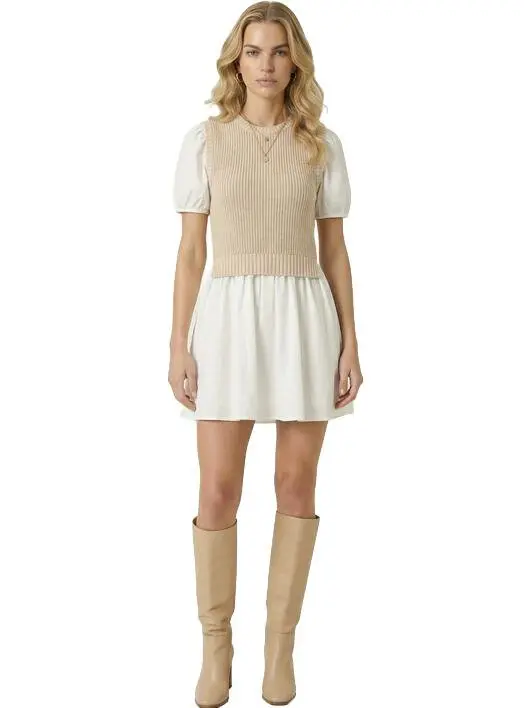 MODENAIRE Ribbed Sleeveless Sweater Dress With Puff Sleeves - White