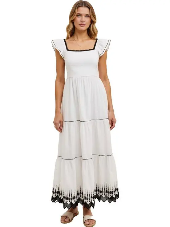 MODENAIRE Smocked Bodice Tiered Maxi Dress - White/black Trim
