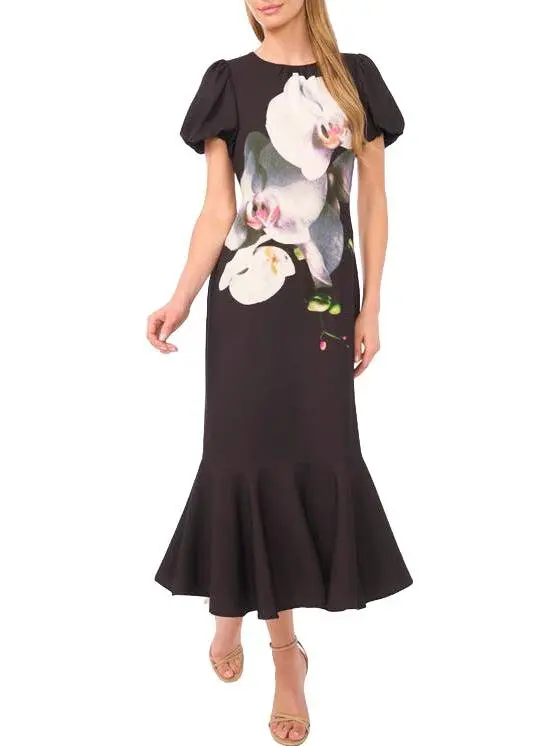 Ted Baker London Floral Puff Sleeve Midi Dress - Rich Black