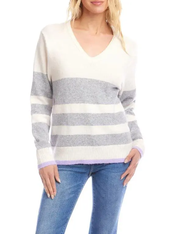 Karen Kane Striped V-neck Pullover Sweater - Stripe