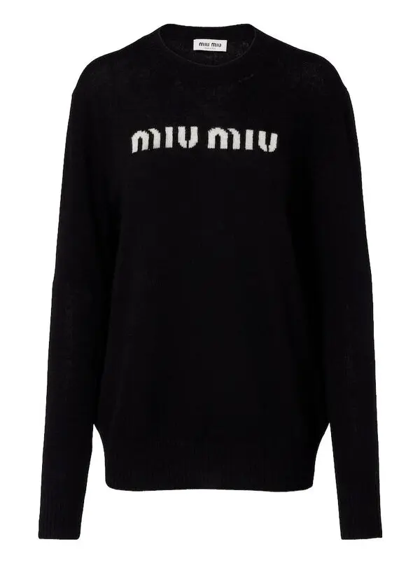 Miu Miu Logo Wool And Cashmere Sweater - Black