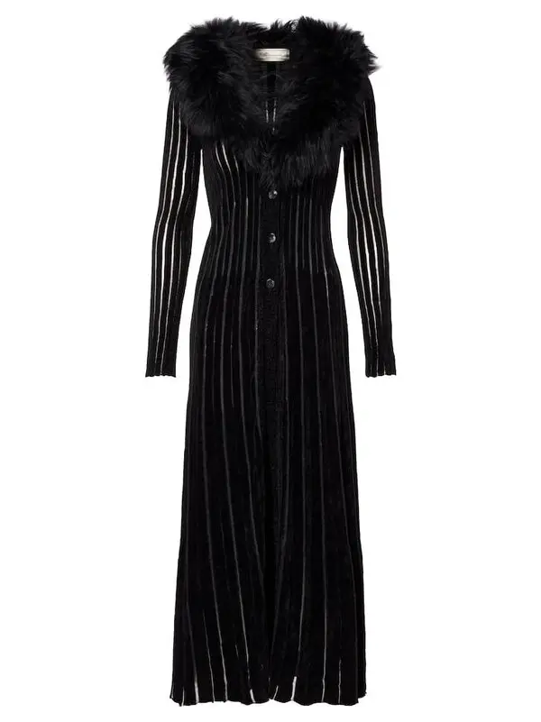 Blumarine Shearling-trimmed Striped Cardigan - Black