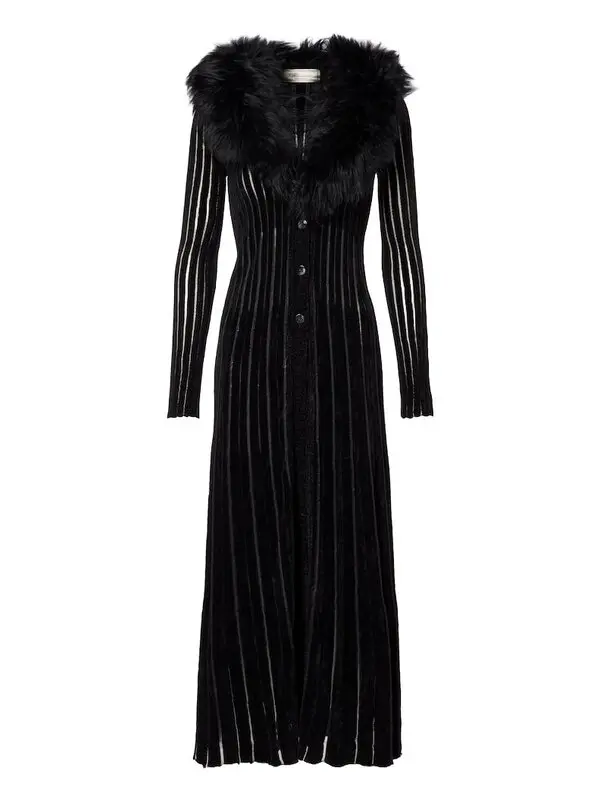 Blumarine Shearling-trimmed Striped Cardigan - Black