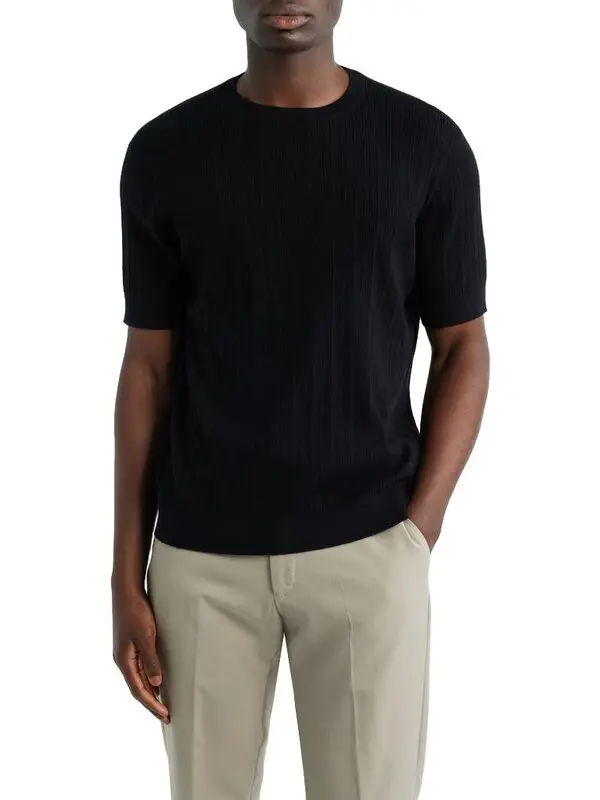 Emporio Armani Short Sleeve Cotton & Cashmere Ribbed Sweater - Solid Black