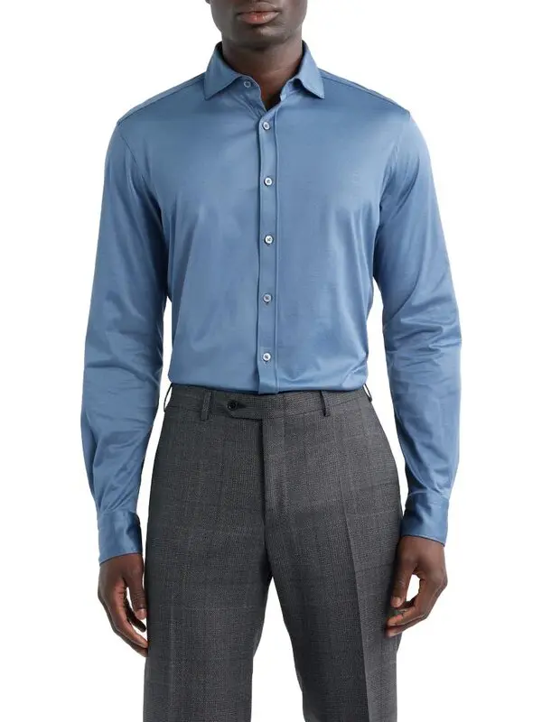 Canali Regular Fit Cotton Jersey Button-up Shirt - Blue