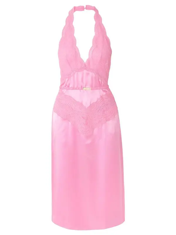 Gucci Belted Silk-satin And Lace Halterneck Midi Dress - Pink