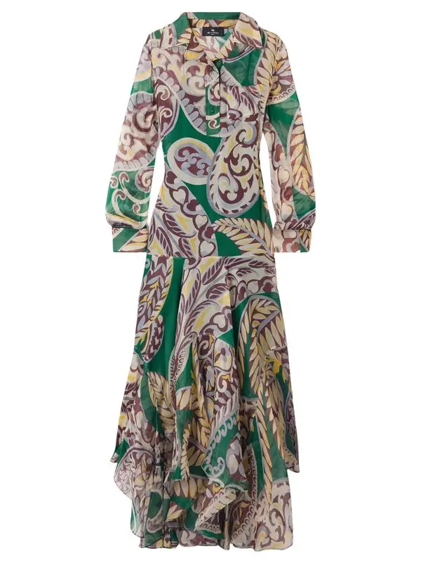 Etro Belted Asymmetric Paisley-print Silk-organza Maxi Dress - Green