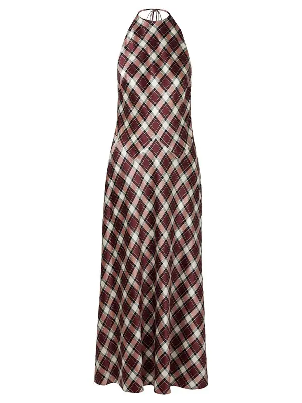 DÔEN Maxime Checked Silk-satin Halterneck Maxi Dress - Burgundy