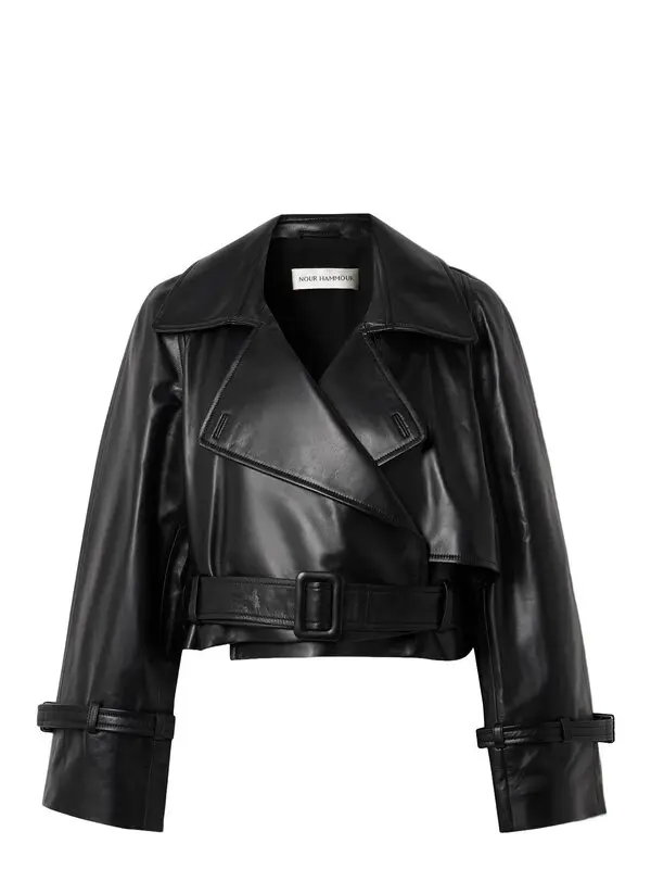 Nour Hammour Hatti Cropped Belted Leather Jacket - Black