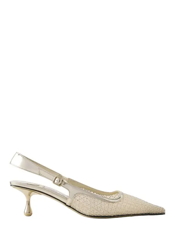 JIMMY CHOO Amel 50 Mirrored Leather-trimmed Crystal-embellished Mesh Slingback Pumps - Gold