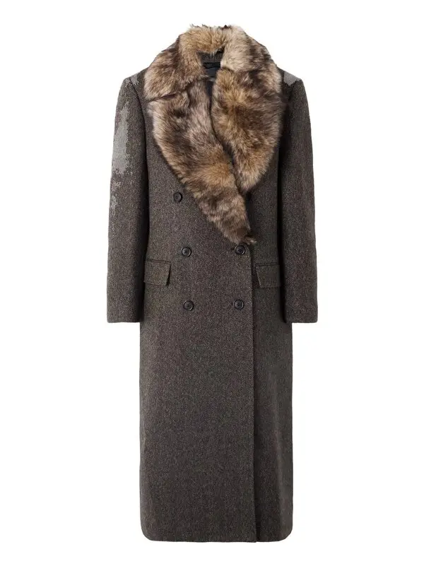 NILI LOTAN Edina Double-breasted Herringbone Wool Coat With Shearling Trim - Gray