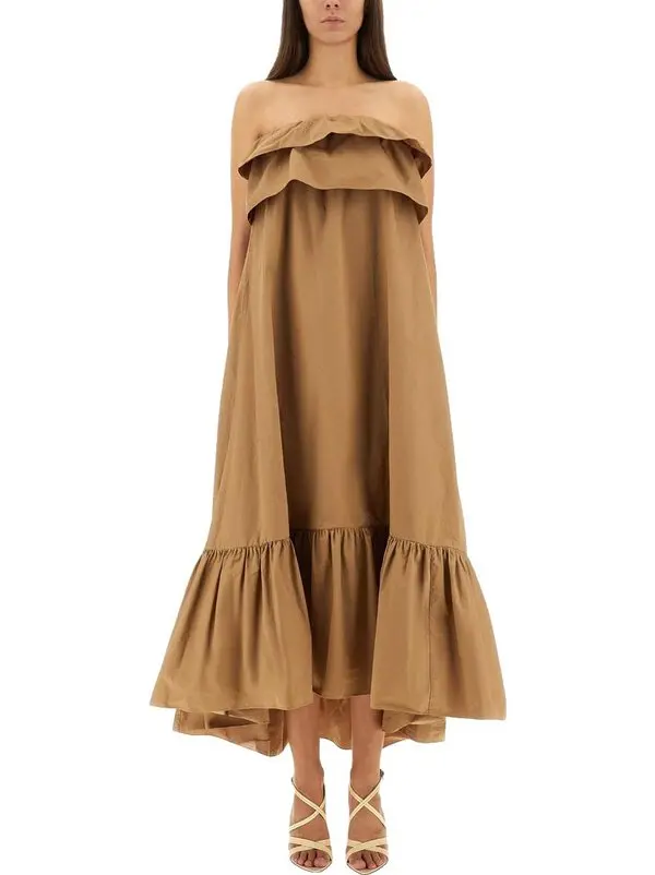 Saint Laurent Cotton Twill Ruffle Dress - Brown