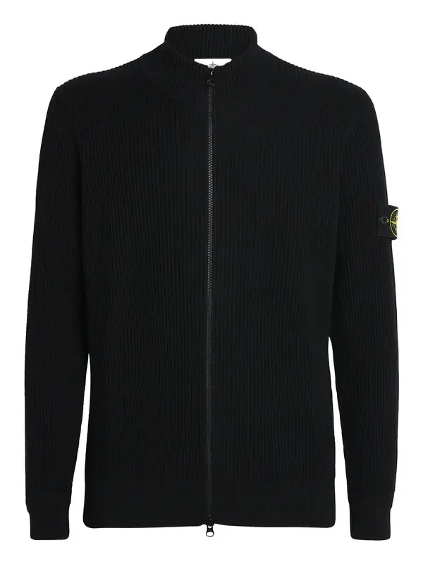 Stone Island Virgin Wool Zip-up Sweater - Black