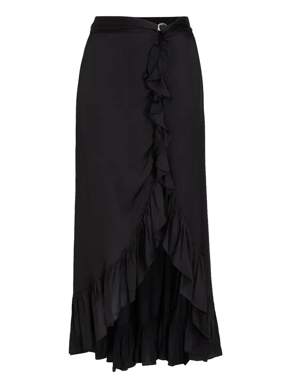 Maje Satin Ruffled Midi Skirt - Black