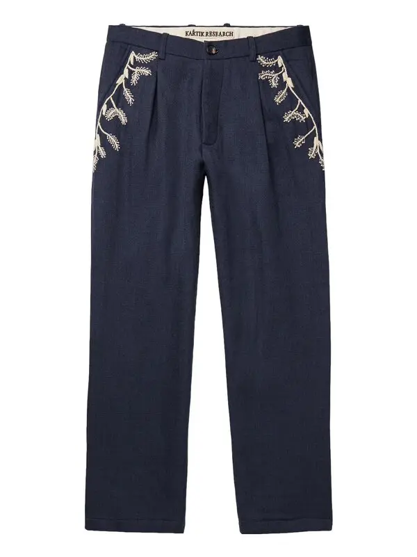 KARTIK RESEARCH Pleated Embroidered Wool Trousers - Blue