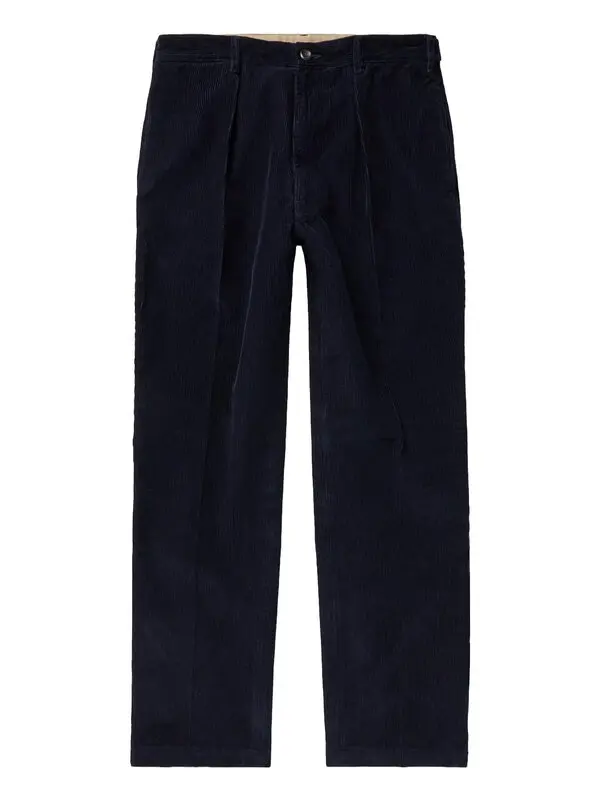 DRAKE'S Tapered Pleated Cotton-corduroy Trousers - Blue