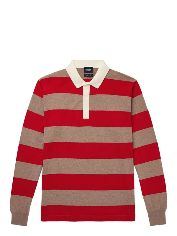 DRAKE'S Striped Merino Wool Polo Shirt - Red