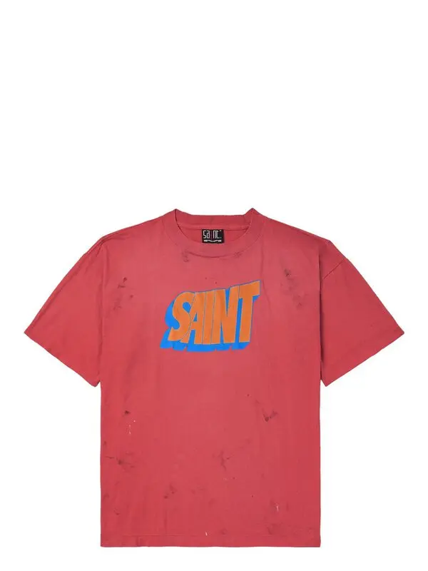 SAINT MXXXXXX Logo-print Distressed Cotton-jersey T-shirt - Red