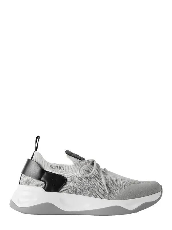 Berluti Shadow Leather-trimmed Stretch-knit Sneakers - Gray