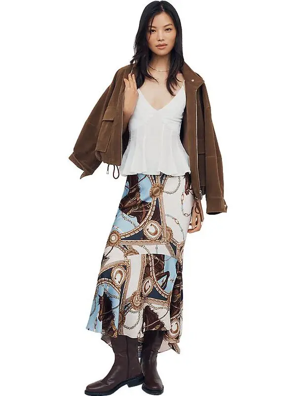 Maeve Bias-cut Satin Midi Skirt - Pale Blue Pattern