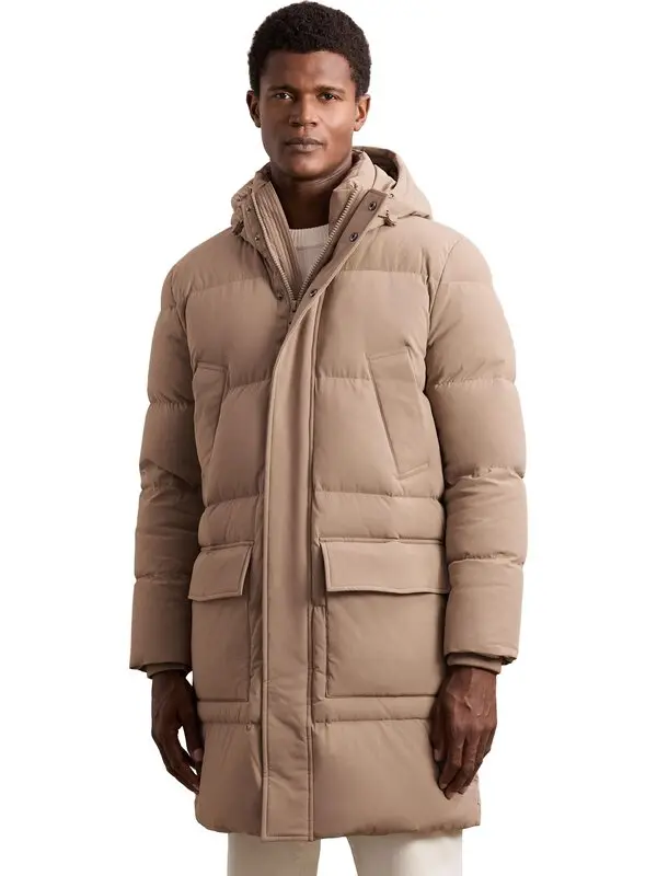REISS Quilted Longline Puffer Jacket - Light Camel Brown